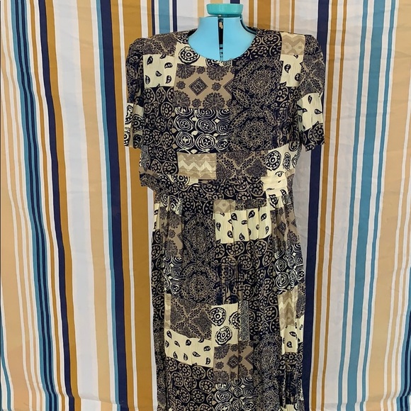 Vintage | Dresses | Vintage 9s Shoulder Pad Navy Tan Paisley Dress ...